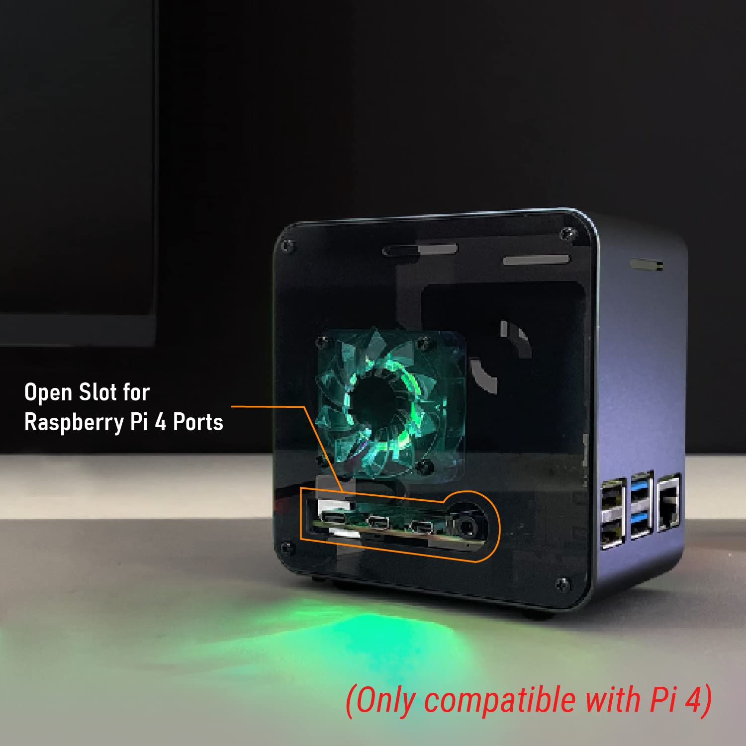 Raspberry Pi 4B (4GB) Board with Mini Tower Aluminum Case, Cooling Fan and Color Changing Ambient Light (Matte Black)