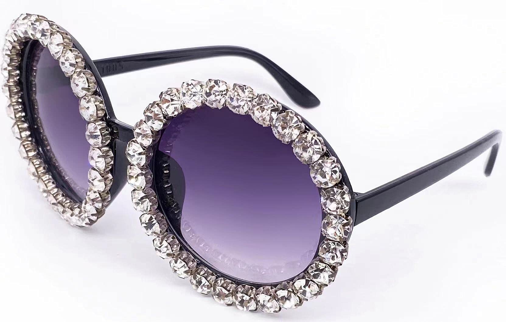 HOUSE PARTY 2K20 Stunning 4-Carat Rhinestone Studded Super Sparkly Sunglasses Elton John Style Round Oversize Deep Violet UV400 Polarized Lenses Onyx Black Frames