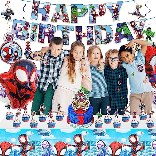 Spidey and Friends Birthday Decorations Include Banner, Backdrop, Balloons, Hanging Swirls, Cake Cupcake Toppers, Tablecloth for Spidey and His Amazing Friends Birthday Decorations