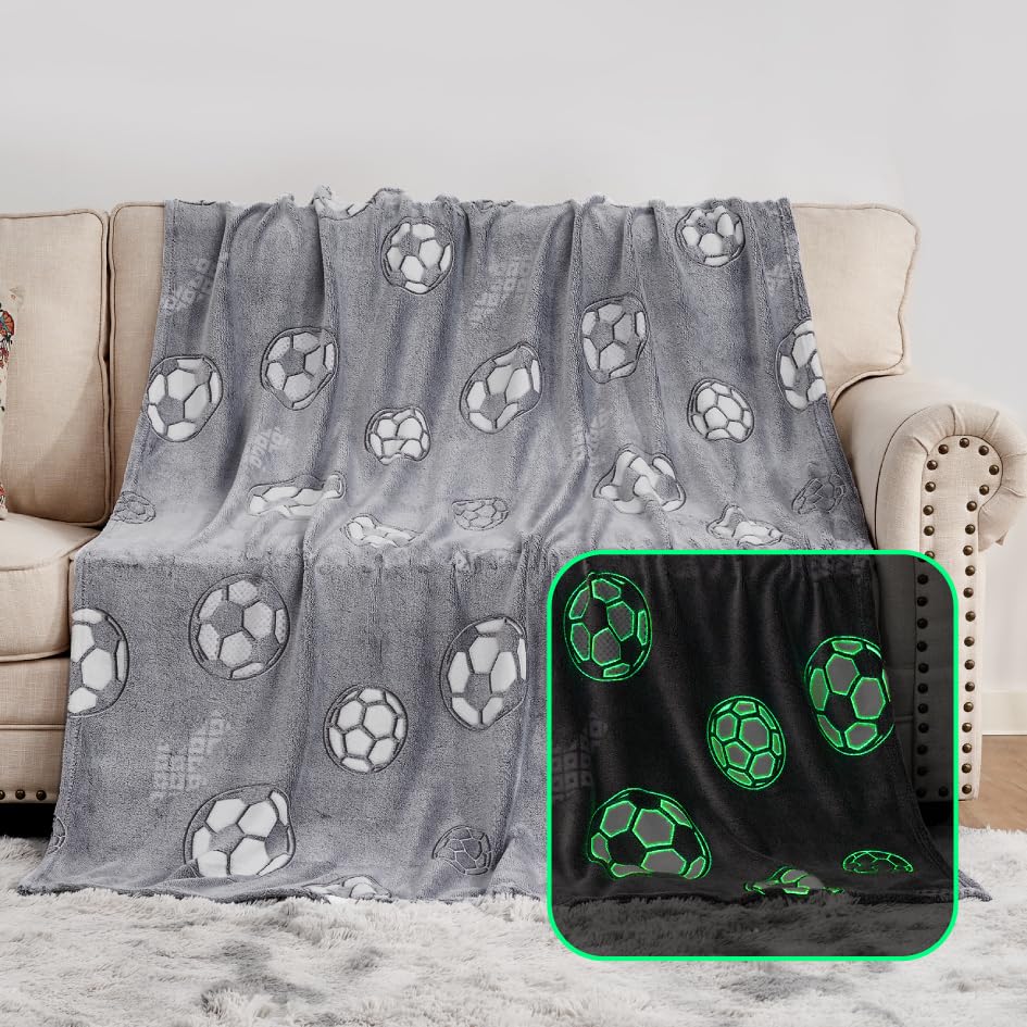 UOMNY Glow in The Dark Blanket for Boys Soft Football Throw Blanket Kids Luminous Balls Blankets for Couch Bedroom Decor Luminous Blanket Grey 50 x 60 inch 