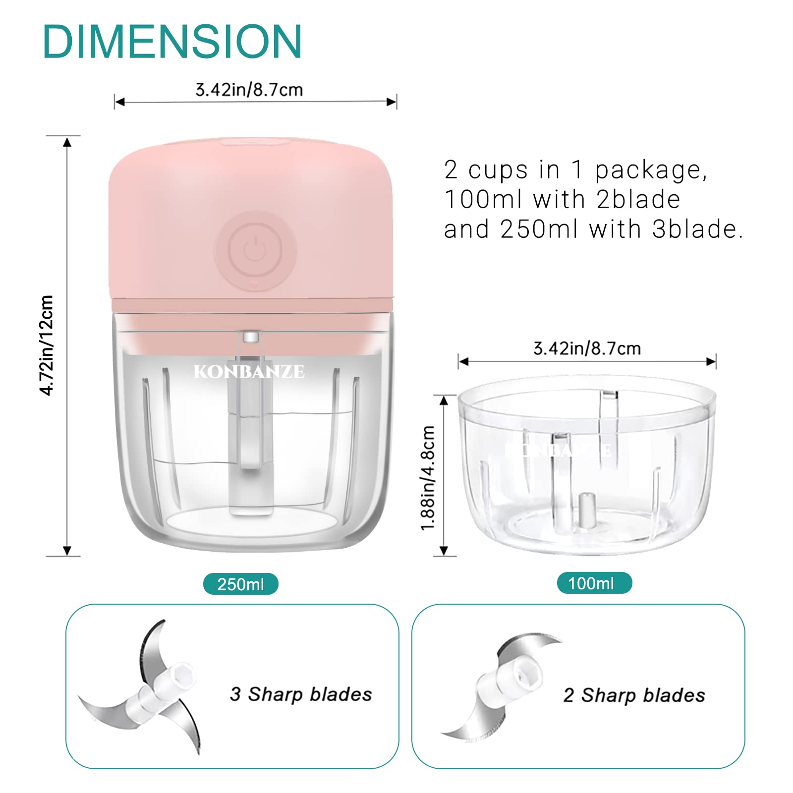 KONBANZE 2-CUP Electric Portable Mini Garlic Onion Chopper Crusher Small Food Processor Mini Food Processor Masher USB Charging Food Vegetable Cutter Kitchen Gadgets (PINK)