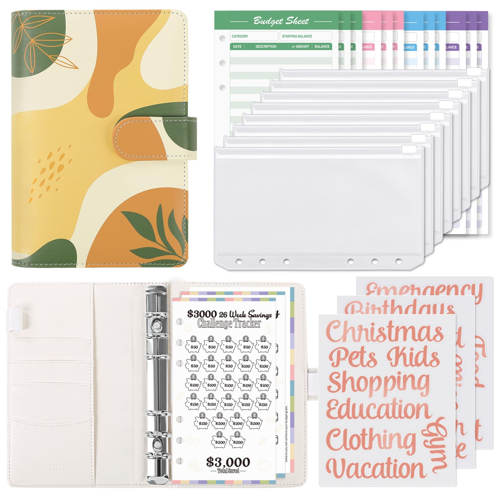 SKYDUE A6 Budget Binder with Cash Envelopes, Money Saving Binder Includes Expense Budget Sheets, Challenge Trackers, and Category Labels, Boho Budget Binder & Challenges Book Combo for Saving Money