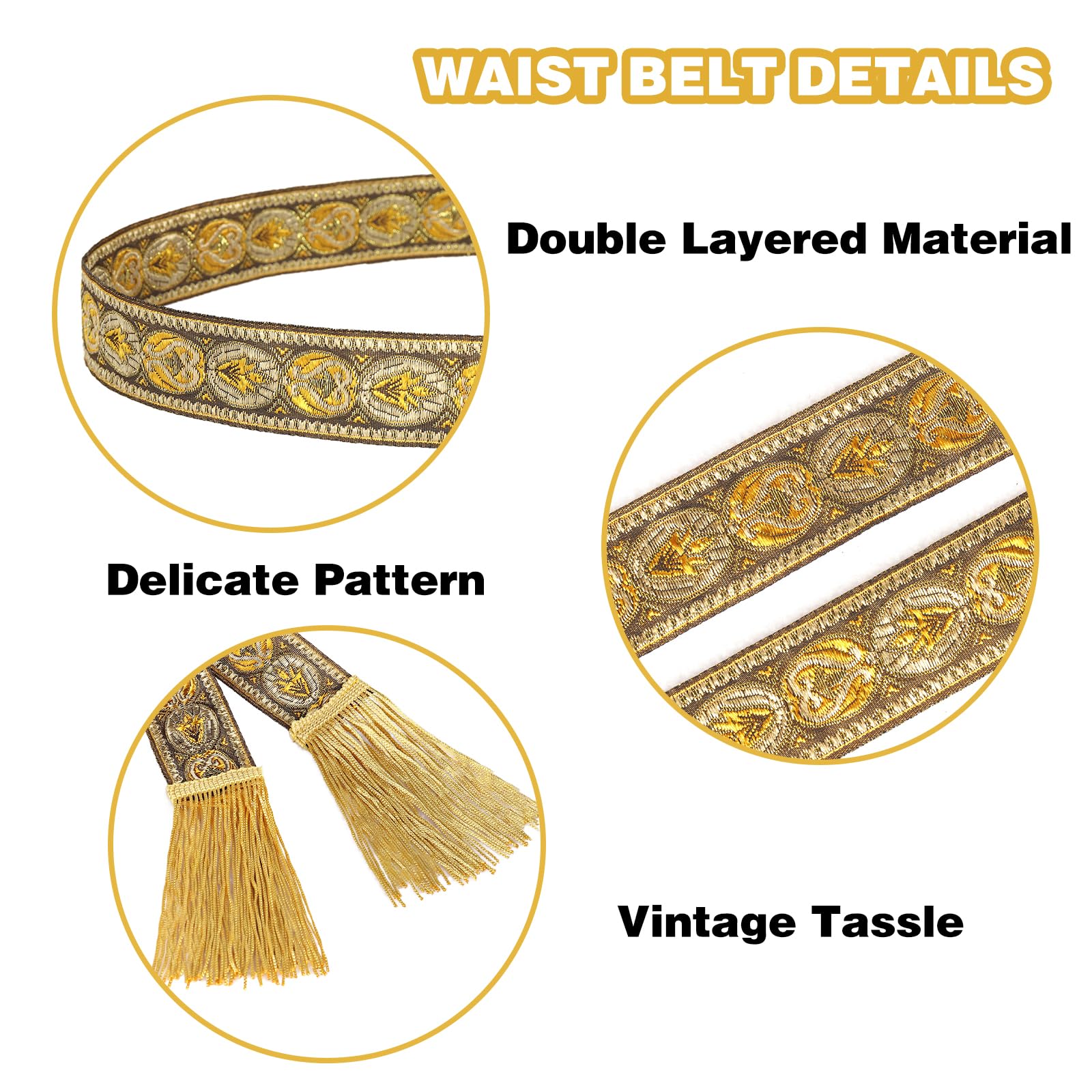 PROCOS Vintage Linen Waist Belt with Wave Trim Pirate Cosplay Costume Accessory (Double yellow)