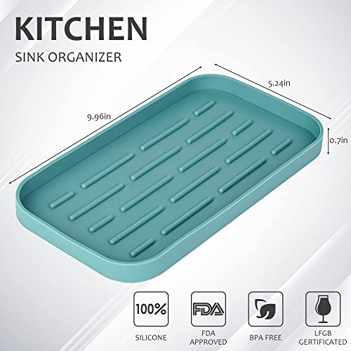 Silicone Kitchen Sink Organizer, Sponges Holder, Soap Rack 9.96 x 5.24 Inches, Silicone Tray for Sponge, Dispenser, Scrubber and Other Kitchen and Bathroom Accessories Color Teal Pack 2