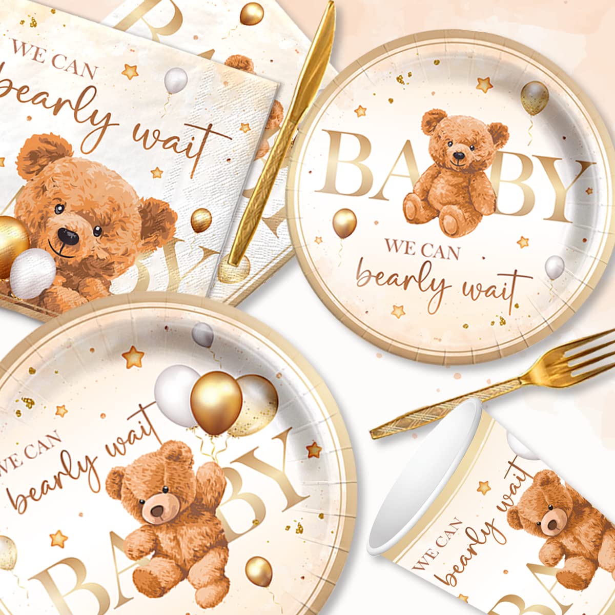 Teddy Bear Baby Shower Decorations for Boy-142Pcs We Can Bearly Wait Tableware,Brown Bear Theme Plates and Napkins Set Serves 20 Guests,Teddy Bear Baby Shower Birthday Party Supplies
