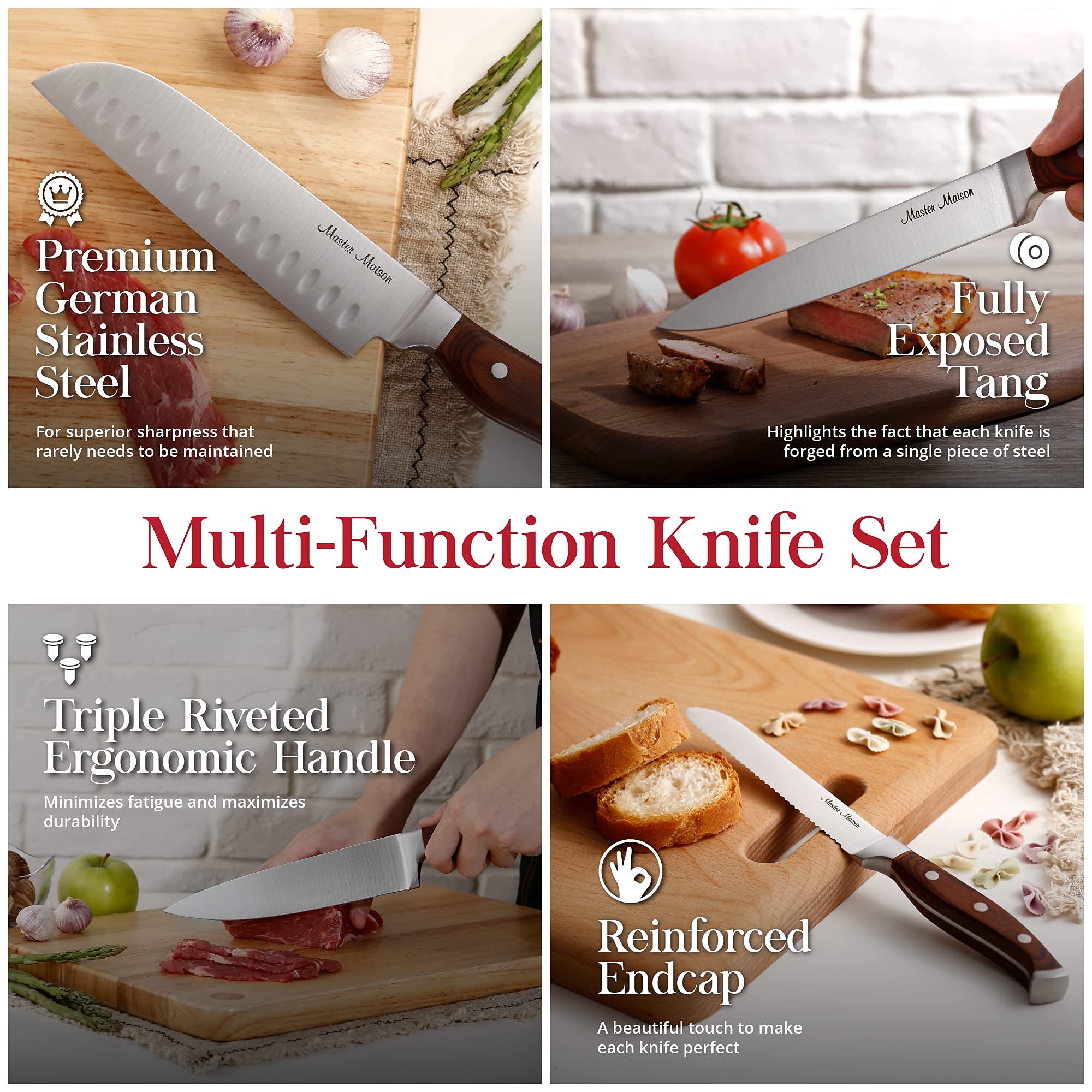 Master Maison Walnut Kitchen Knife Set With Wood Knife Block & Bonus Cleaver | German Stainless Steel Knives With Knife Sharpener & 6 Steak Knives | Professional Butcher Block Knife Sets For Kitchen