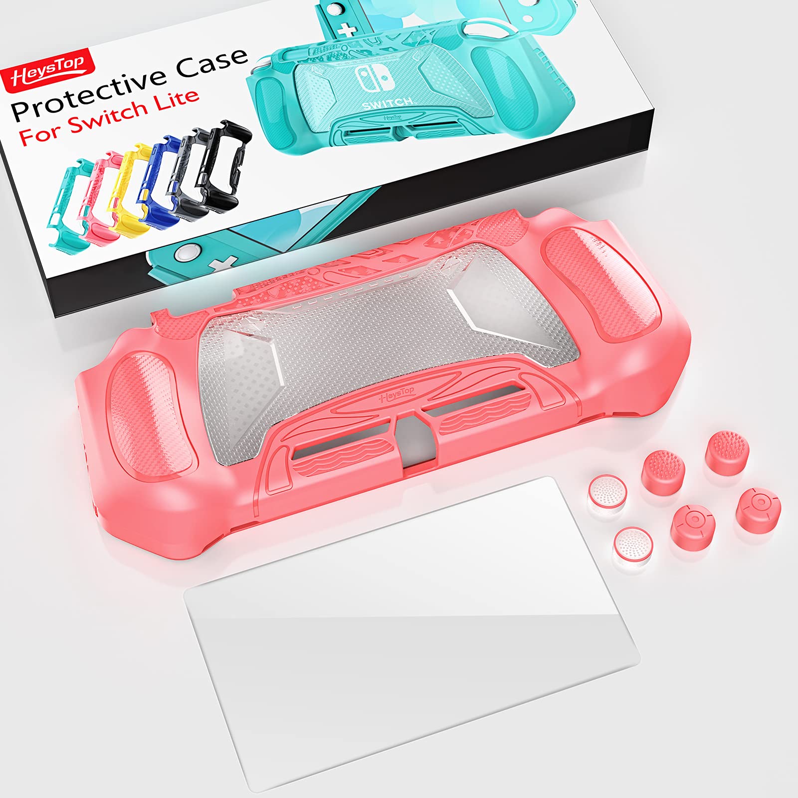 HEYSTOP Switch Lite Case Cover, Switch Lite Protective Case with Game Card Storage, Tempered Glass Screen Protector and Thumb Grip, Switch Lite Grip Case Anti-Scratch Non-Slip Case, Pink