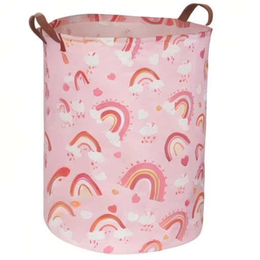 Sanjiaofen Pink Hamper,Rainbow Laundry Basket Collapsible Girls Storage Baskets for Kids Room Decor,Toy Organizer,Gift Hamper(Pink hamper) …
