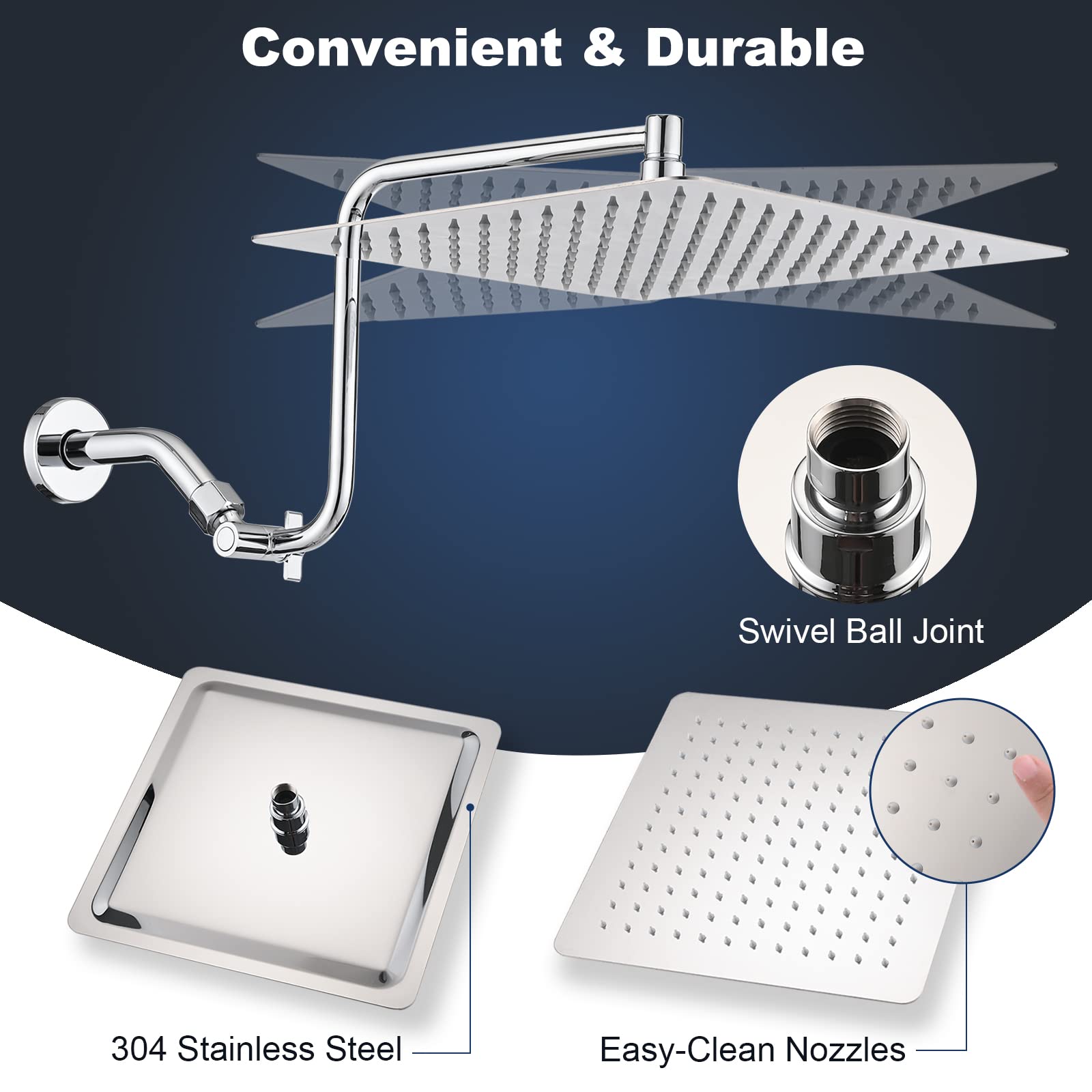 PDPBath 12" Rain Shower Head with Upgrade Adjustable Extension Arm, 304 Stainless Steel High Pressure Rainfall Showerhead, All Metal Large Square Waterfall Fixed Showerhead for Bathroom - Chrome
