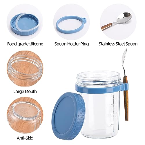 Tecbeauty 4 Pack Overnight Oats Containers with Lids and Spoons, 16 Oz Glass Mason Jars for Cereal, Milk, Vegetable and fruit Salad Oatmeal Container with Measurement Marks