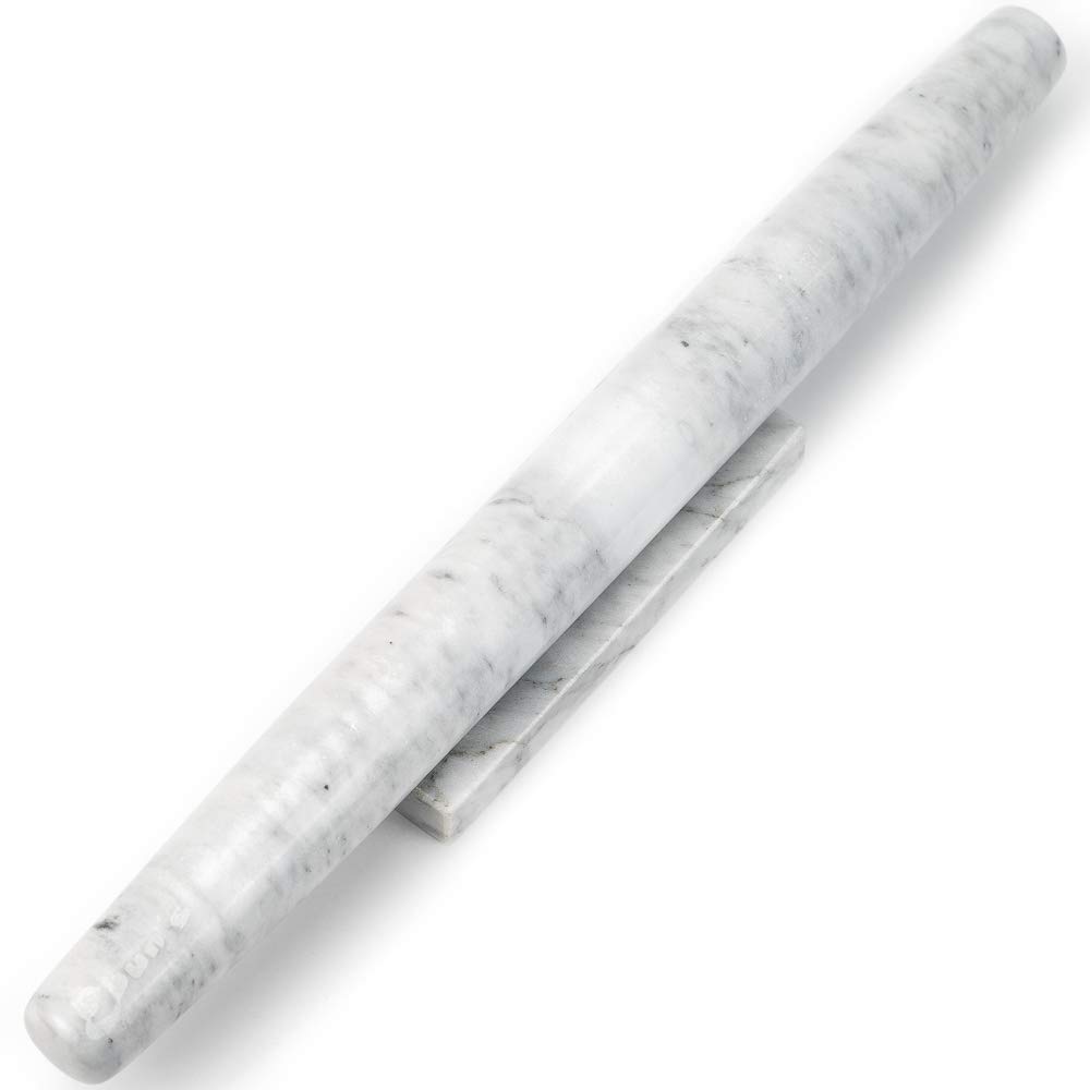 Marble French Rolling Pin for Baking Pizza Dough, Pie & Cookie With Stand - Nonstick Essential Kitchen utensil tools gift ideas for bakers 16" inch Pins (White Marble)