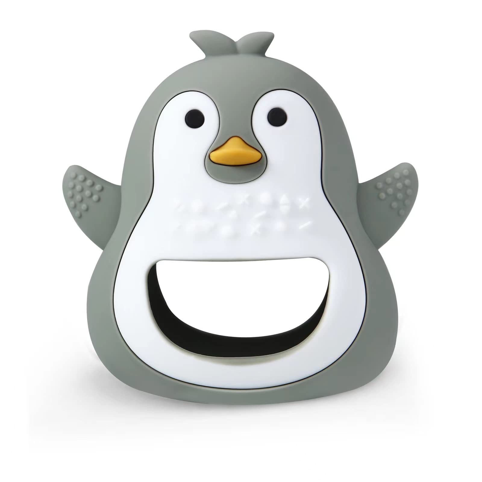 PandaEar Penguin Silicone Baby Teething Toys 6-36month| Never Drop Baby Chew Toys for Sucking Needs| Hand Teether Mitten for Breast Feeding Babies Infants Newborn (Grey)
