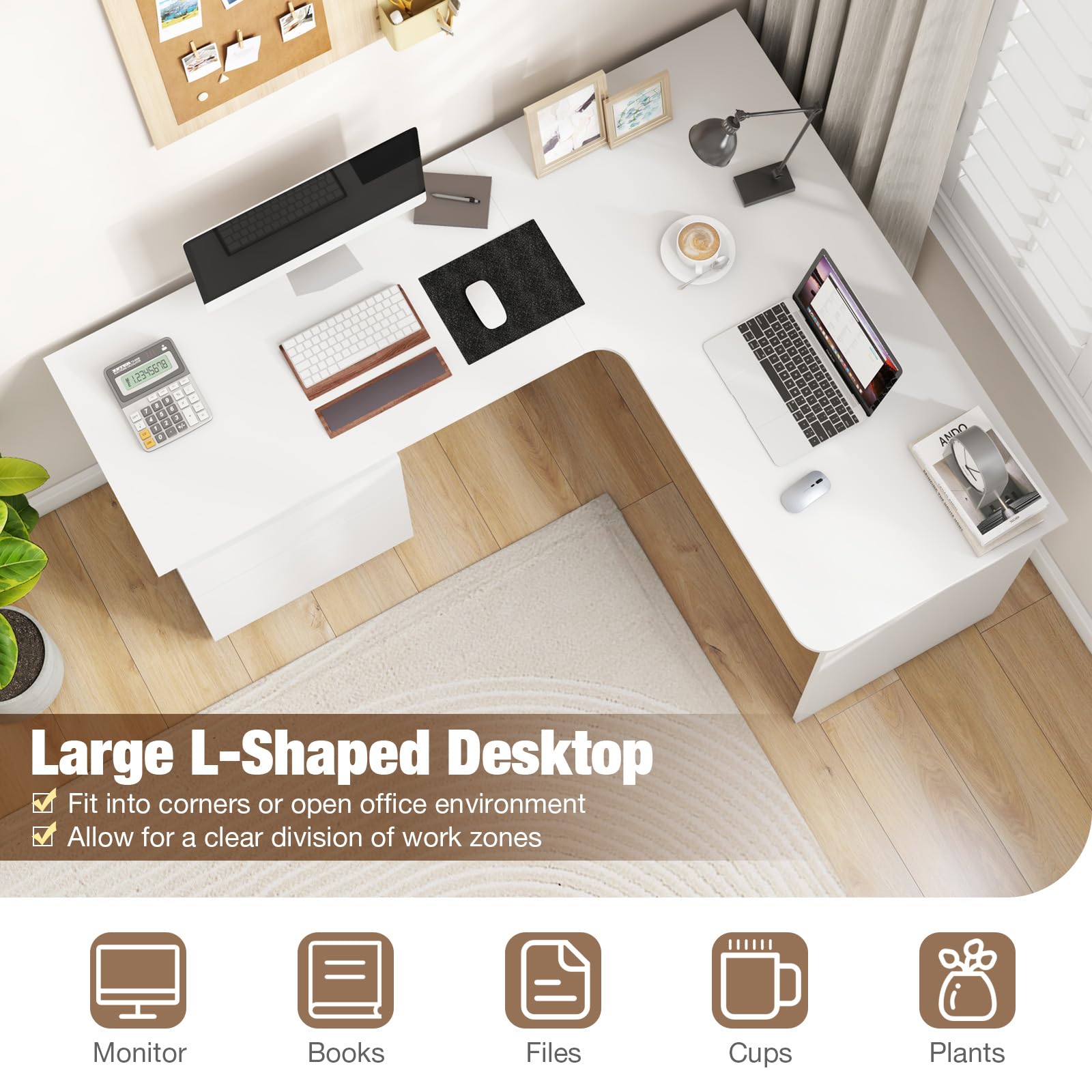 Tangkula L-Shaped Desk with 2 Storage Drawers, 59β Corner Computer Desk with File Drawer & Open Shelf, Computer Workstation with 2 Cable Management Holes, Space-Saving Executive Office Desk (White)