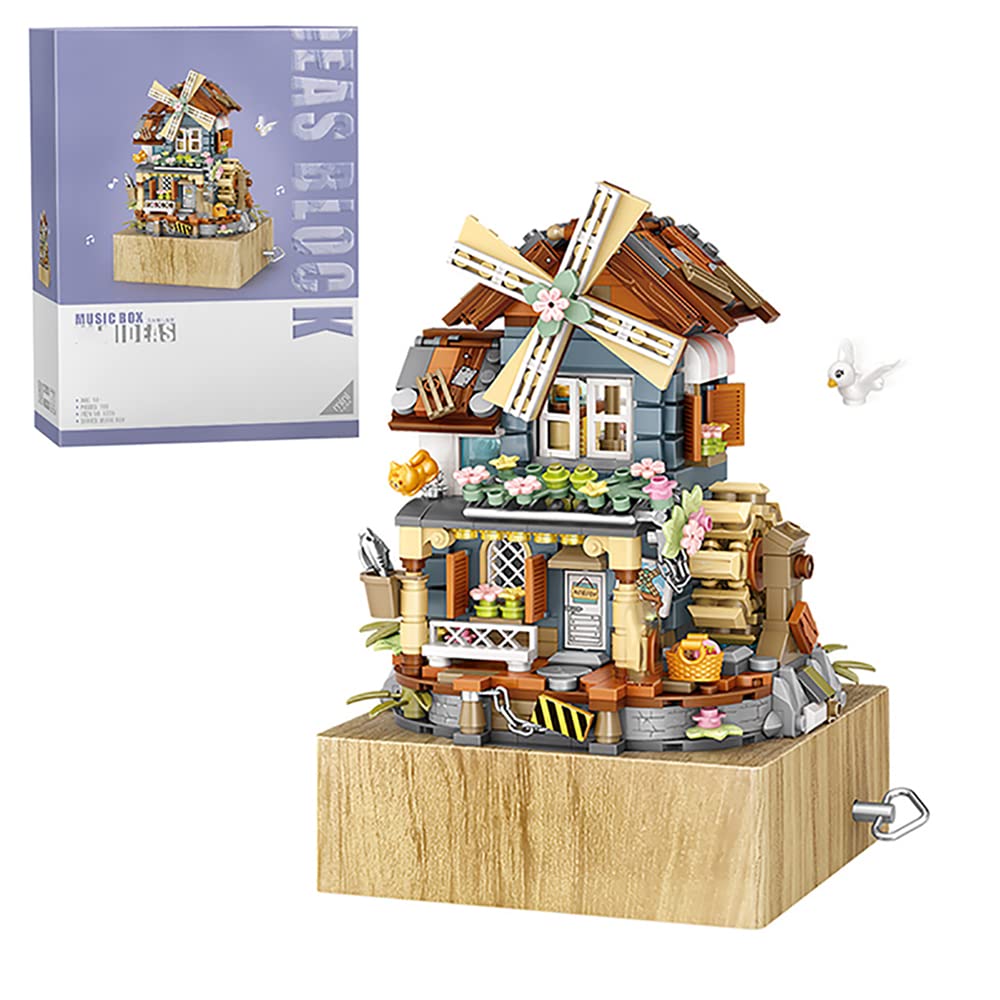 NIIZ Windmill Music Box Bricks Model Set, 799 Pieces Mini Bricks House Music Box Building Set, MOC Creative Street View Modular House Building Kit Construction Toy