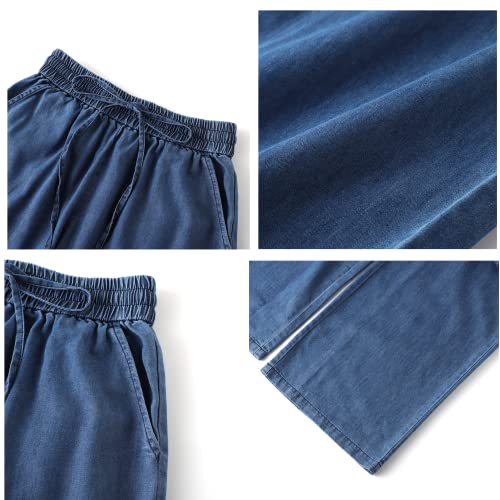 Women's Classic Denim Jeans Wide Leg Elastic High Waist Drawstring Pants with Pockets