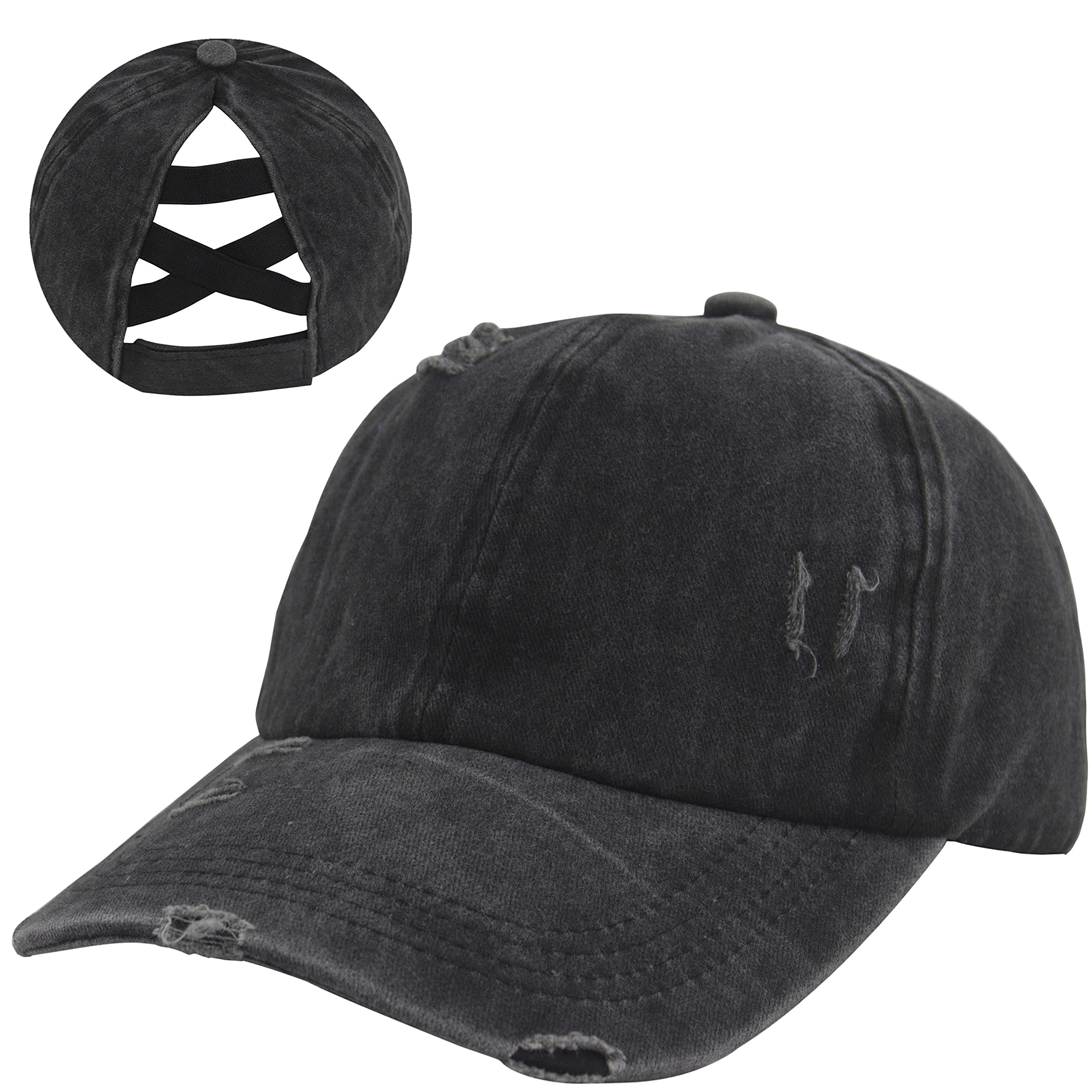 HGGE Womens Criss Cross Ponytail Baseball Cap Adjustable High Messy Bun Ponycap Trucker Hats Vintage Washed Distressed Dad Hat for Outdoor Sports Travel Black