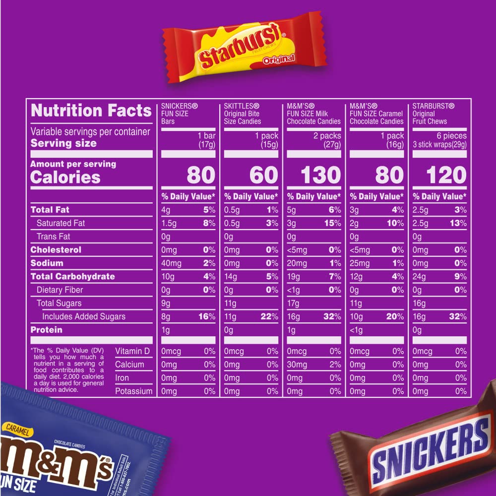 M&M'S Milk Chocolate, M&M'S Caramel, SNICKERS, SKITTLES & STARBURST Individually Wrapped Bulk Variety Pack Candy Assortment, 45.69 oz, 90 Pieces Bag