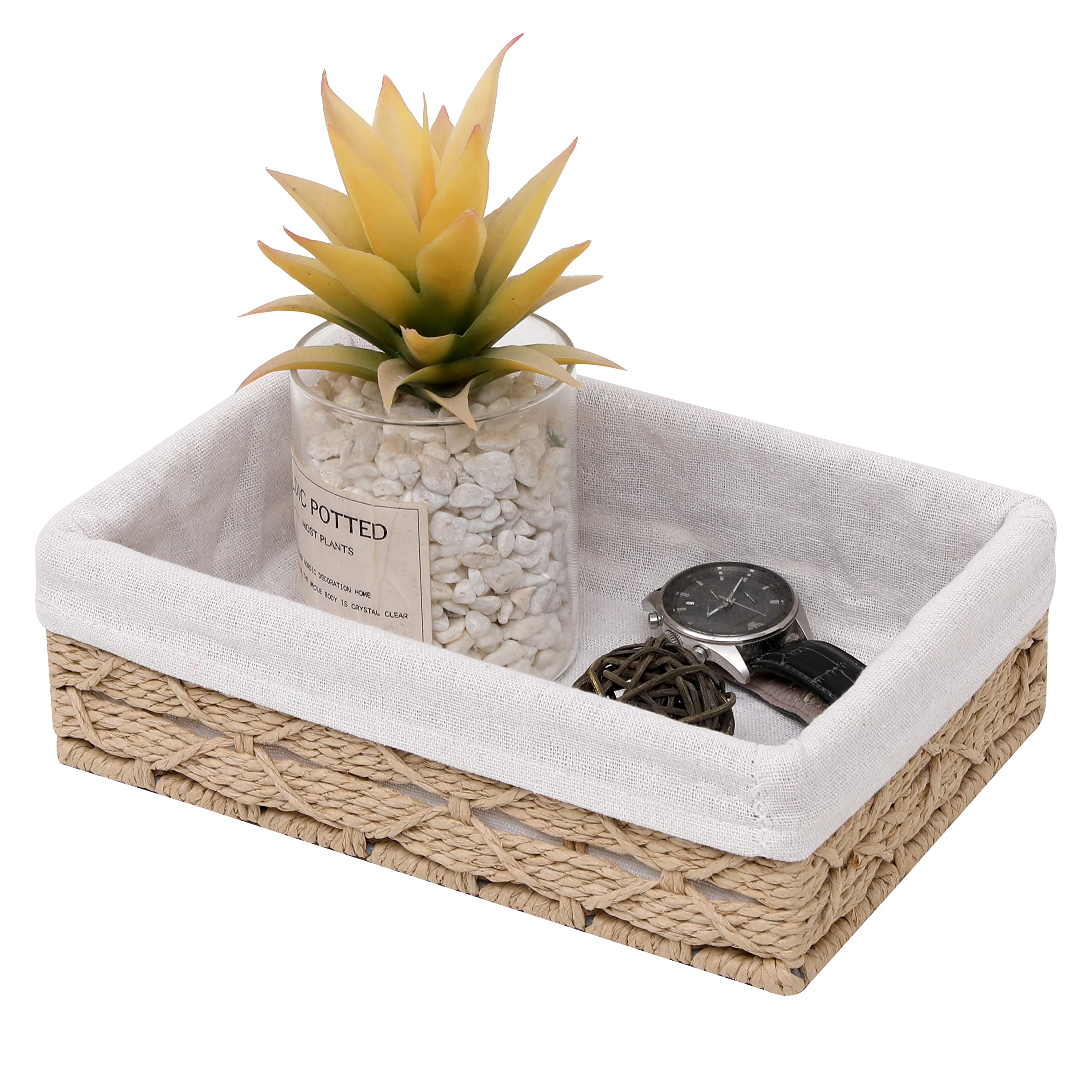 Sopsele Small Wicker Baskets for Organizing,Paper Rope Storage Basket,Desk Basket With Liner,Hand Towel Baskets, Baskets for Drawer Organizing, Toilet Tank Basket, Set of 2 Beige