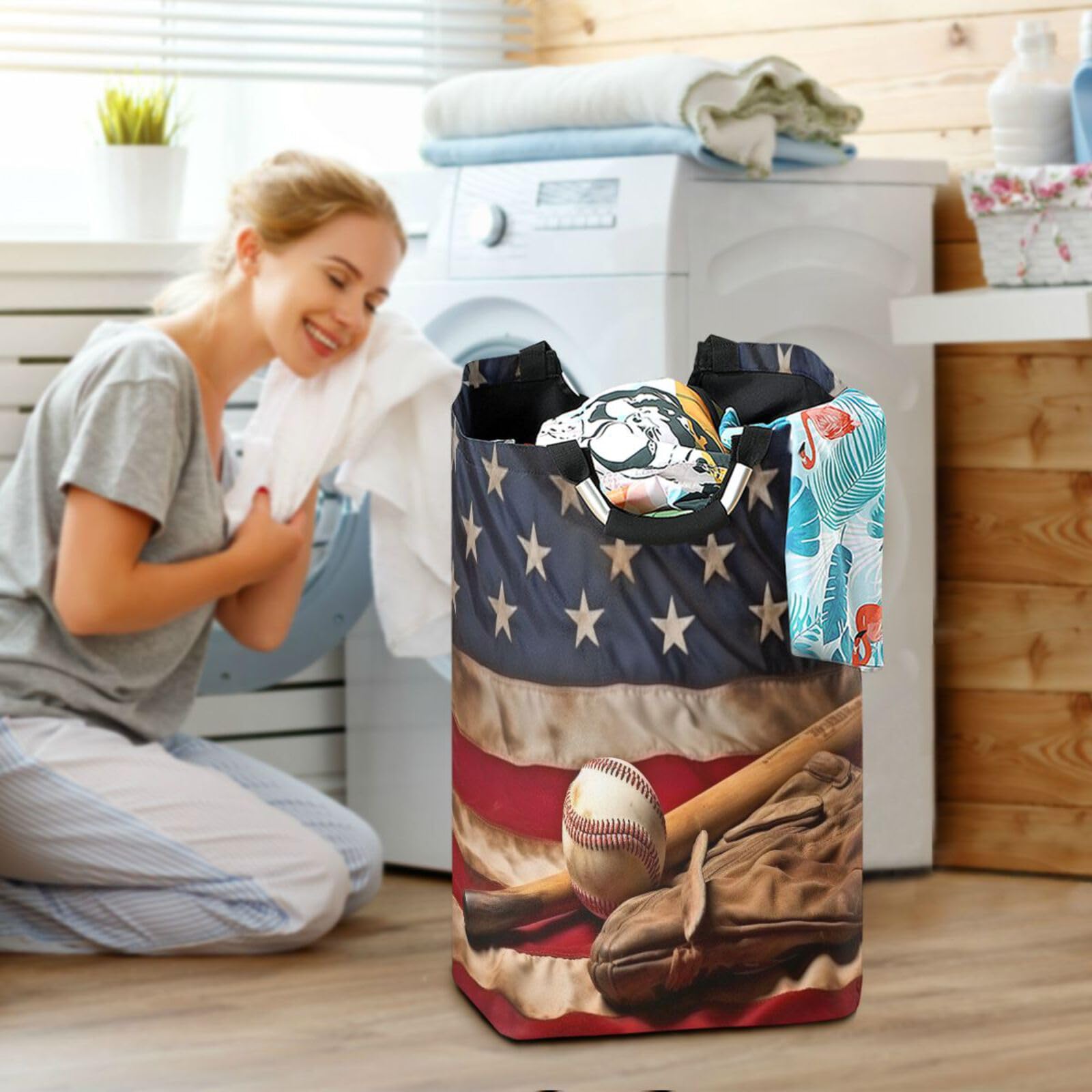 YETTASBIN Baseball American Flag Laundry Hamper, Waterproof Foldable Laundry Basket Large Dirty Clothes Toys Storage Basket with Handle for Bathroom, Bedroom, Laundry Room, Playroom