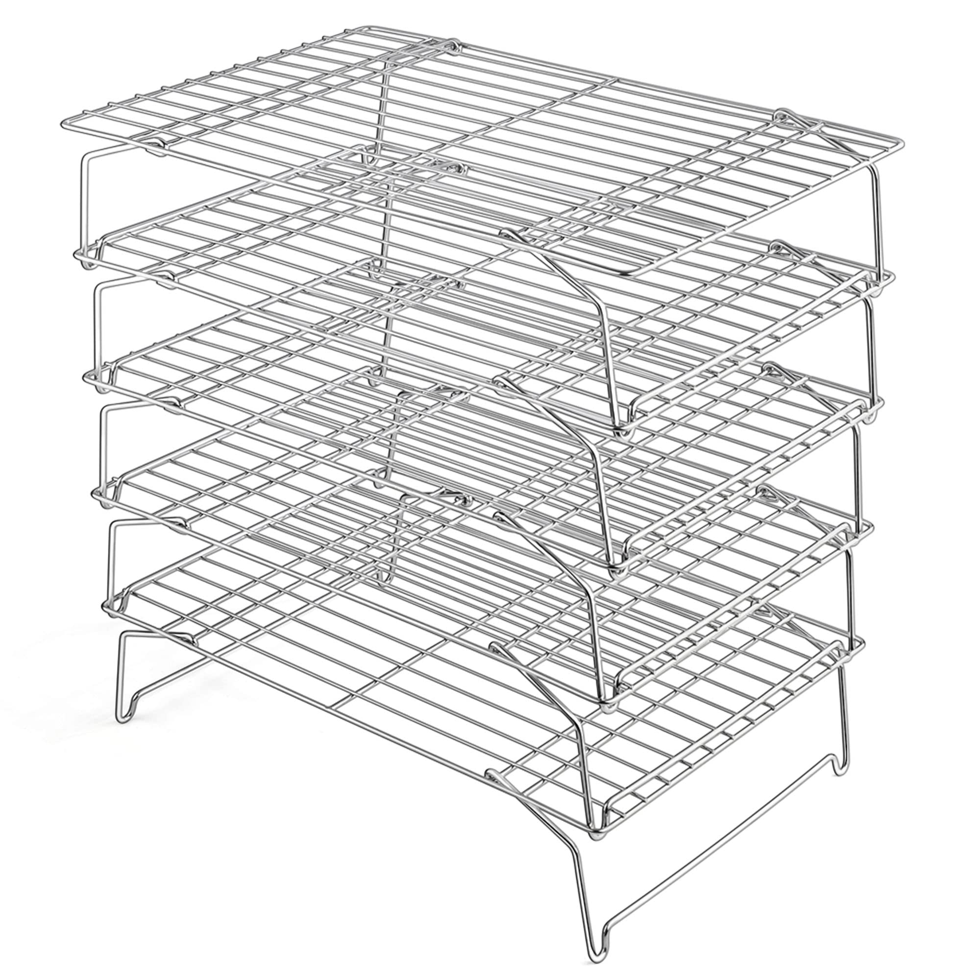 Leonyo Cooling Baking Rack 5-Tier Stackable Stainless Steel Wire Baking Cooking Racks Set for Cookie, Pizza, Cup Cake, Raised & Folding Feet, Oven Safe & Dishwasher Safe, Rust-Resistant - 15’’ x 10’’