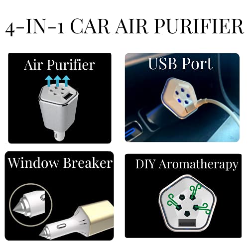 Proper | Car Air Purifier Ionizer 4-in-1 Premium Air Purifier + USB Port Charger + Window Breaker Hammer For Safety + Aromatherapy - (Gold)