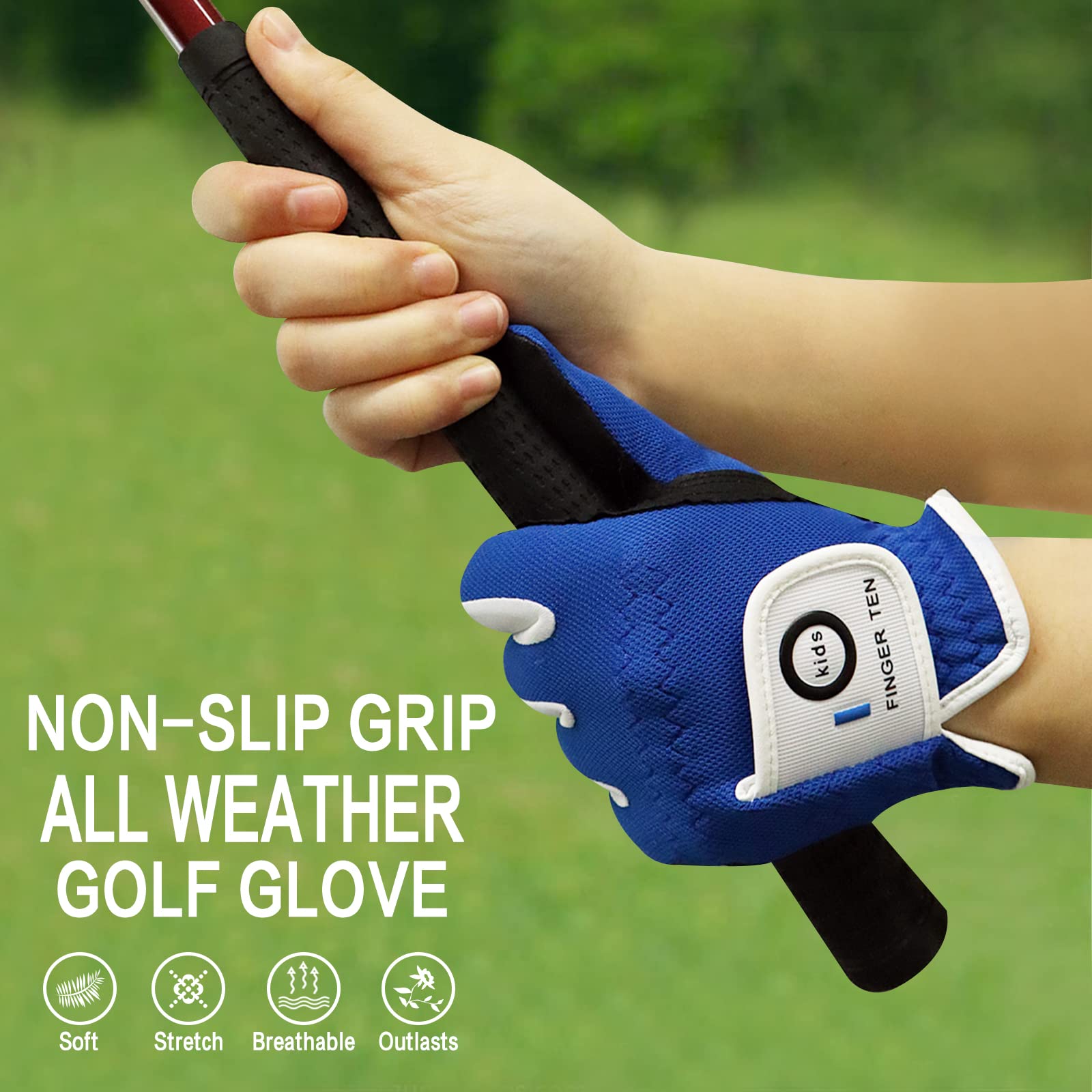 Golf Gloves Junior Kids Youth Toddler Boys Girls Left Hand Right Hand Dura Feel White Blue Red Yellow Golf Glove Extra Value 2 Pack Age 4-11 Years Old (Large(Age 7-8) Blue, Worn on Left Hand)