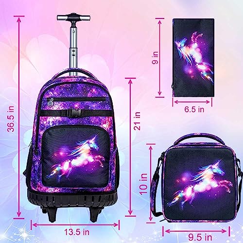 UFNDC 3PCS Rolling Backpack for Women, Adults Unicorn Backpacks with Wheels for Girls,Travel Roller Wheeled Bookbag