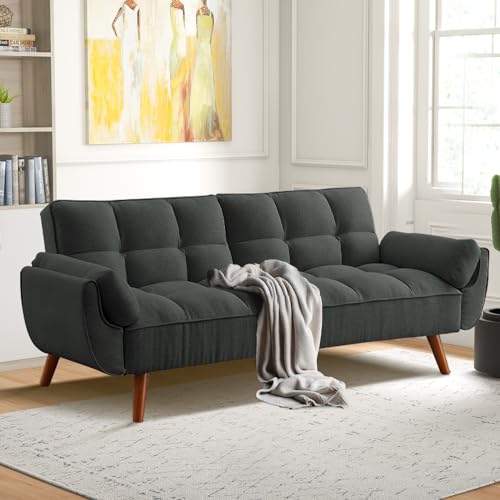 Wonder Comfort Linen Futon Sofa Bed Loveseat, Adjustable Backrest Convertible Sleeper Reclining Couch with Tapered Wood Legs, Dark Gray