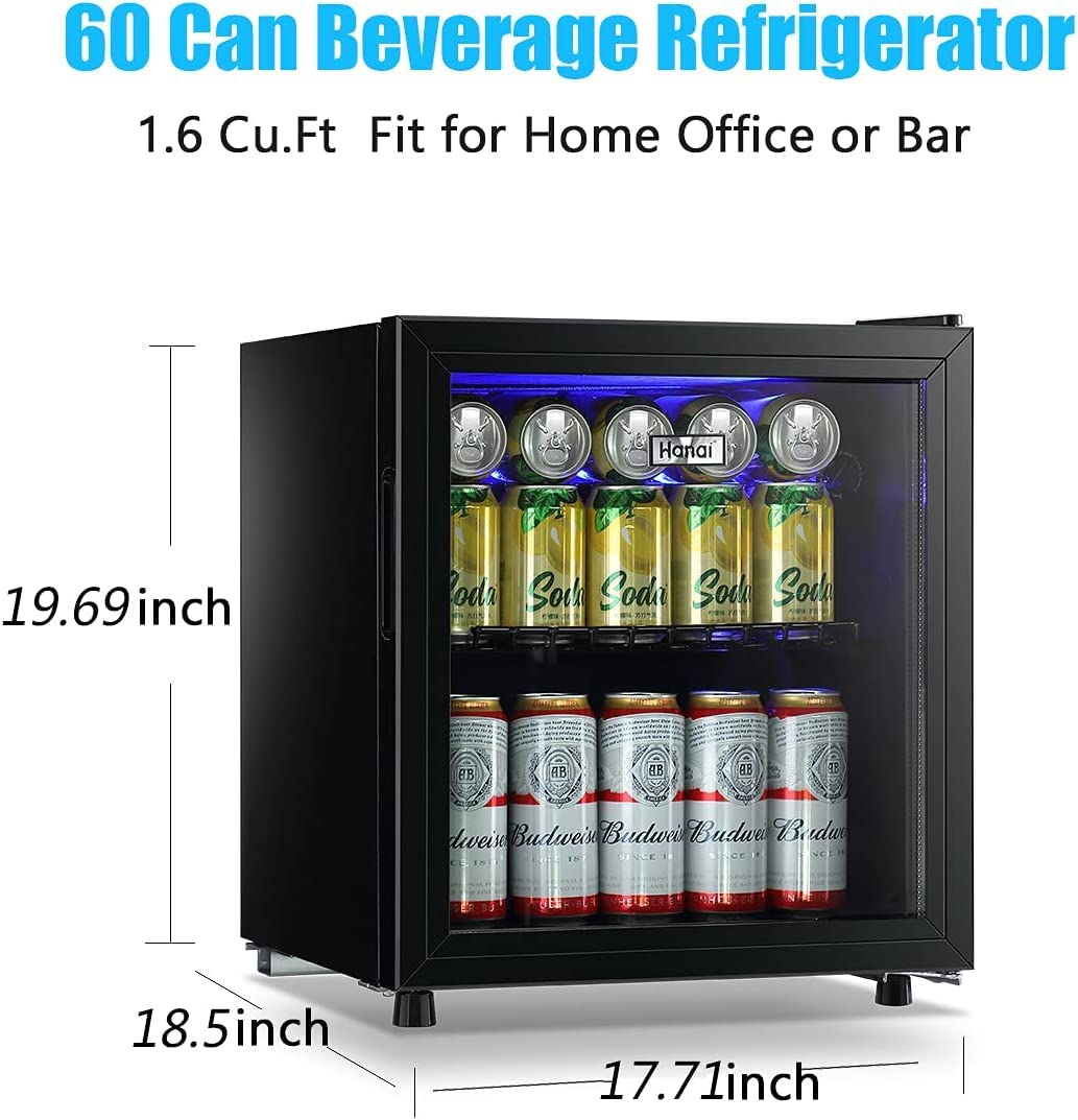 Mini Fridge Glass Door 60 Cans Beverage Cooler Refrigerator Mini Beer Fridge 1.6 cu.ft Organizer for Drinks Soda Wine Small Refrigerator with Blue LED for Home Office Dorm