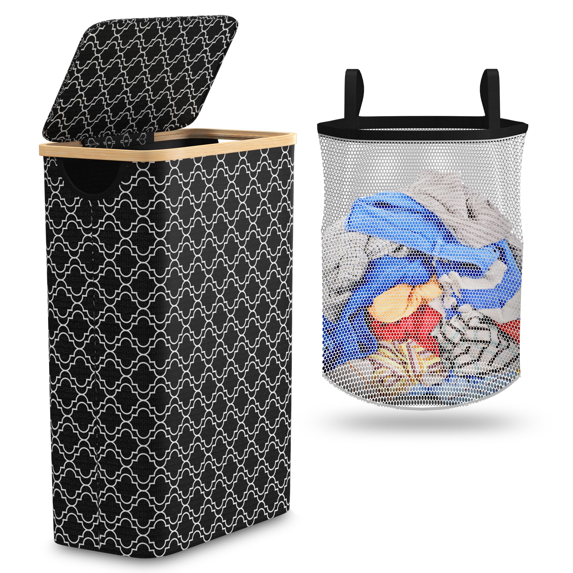 Slim Hamper with Lid & Removable Mesh Bag (60L) β Foldable Narrow Clothes Hamper with Bamboo Handle β Durable Skinny Laundry Basket for Bedroom, Bathroom Dorm & Closet - Black