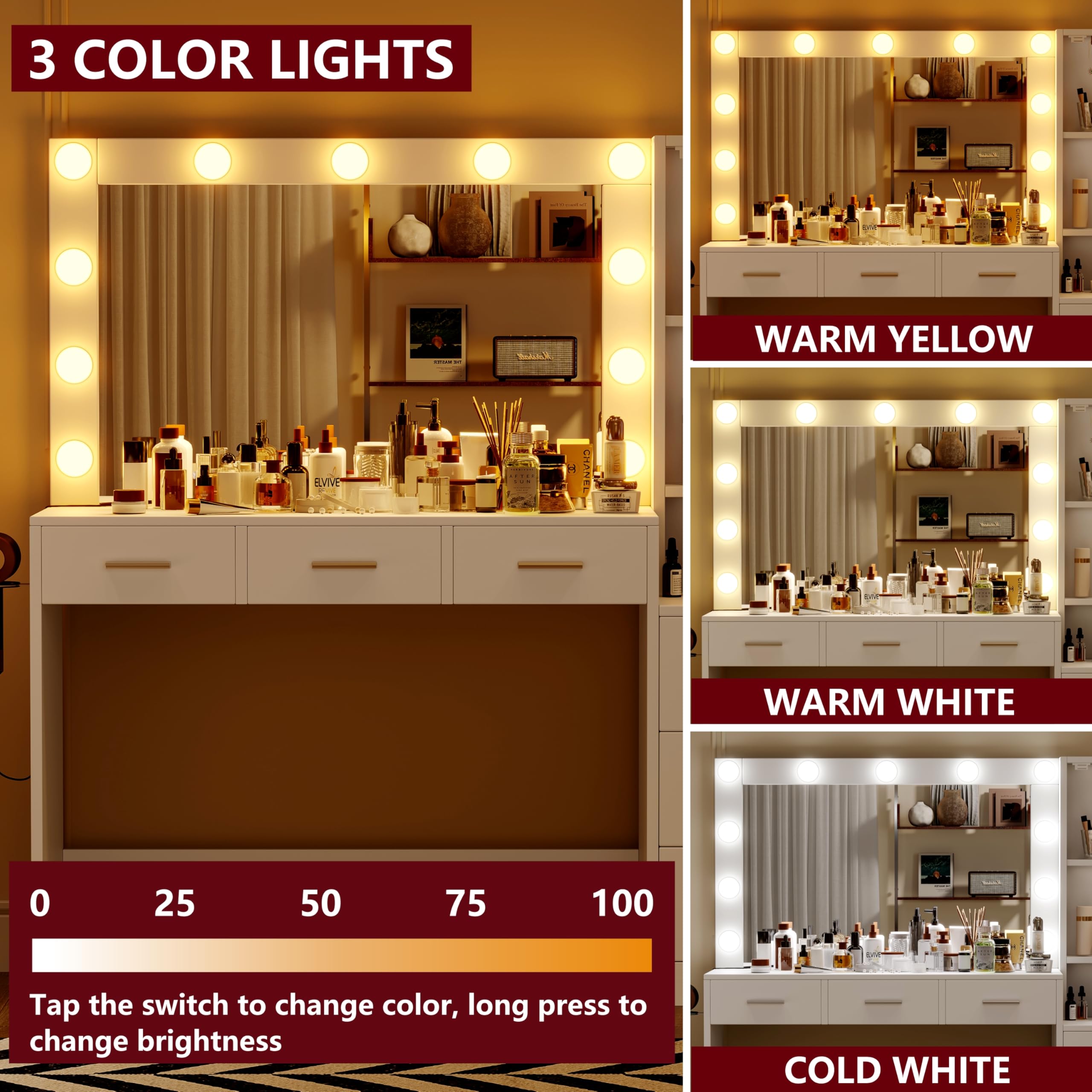 Rovaurx 50.6" Vanity Desk with Mirror and Lights, Large Makeup Vanity Table with 6 Drawers and Charging Station, Side Cabinet, Dressing Table for Bedroom, White RSZT115W