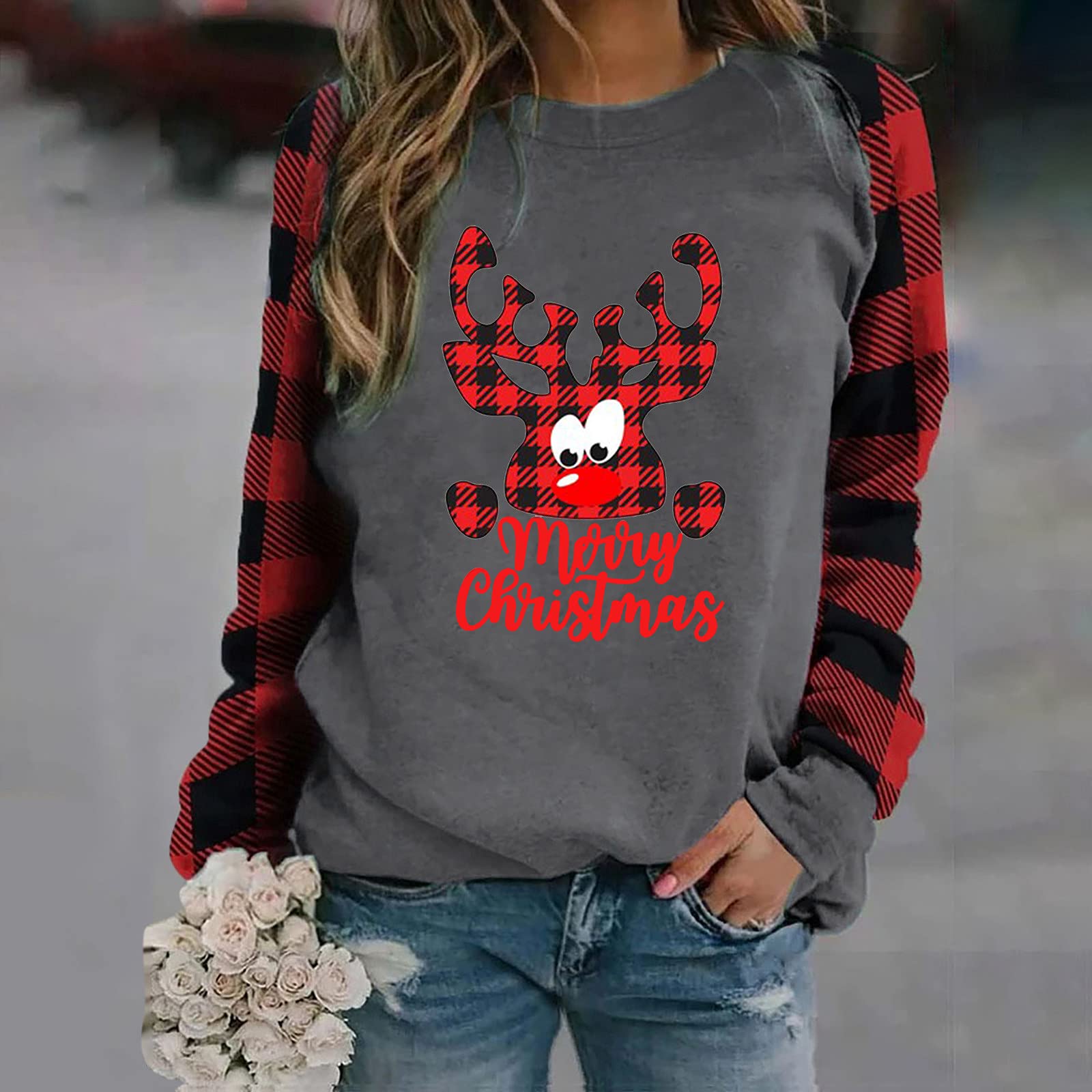 Pullovers For Women Casual Christmas Print Pullover Oversized Long Sleeve Tees Fashion Casual Hoodie Tops Baseball T-Shirt Red