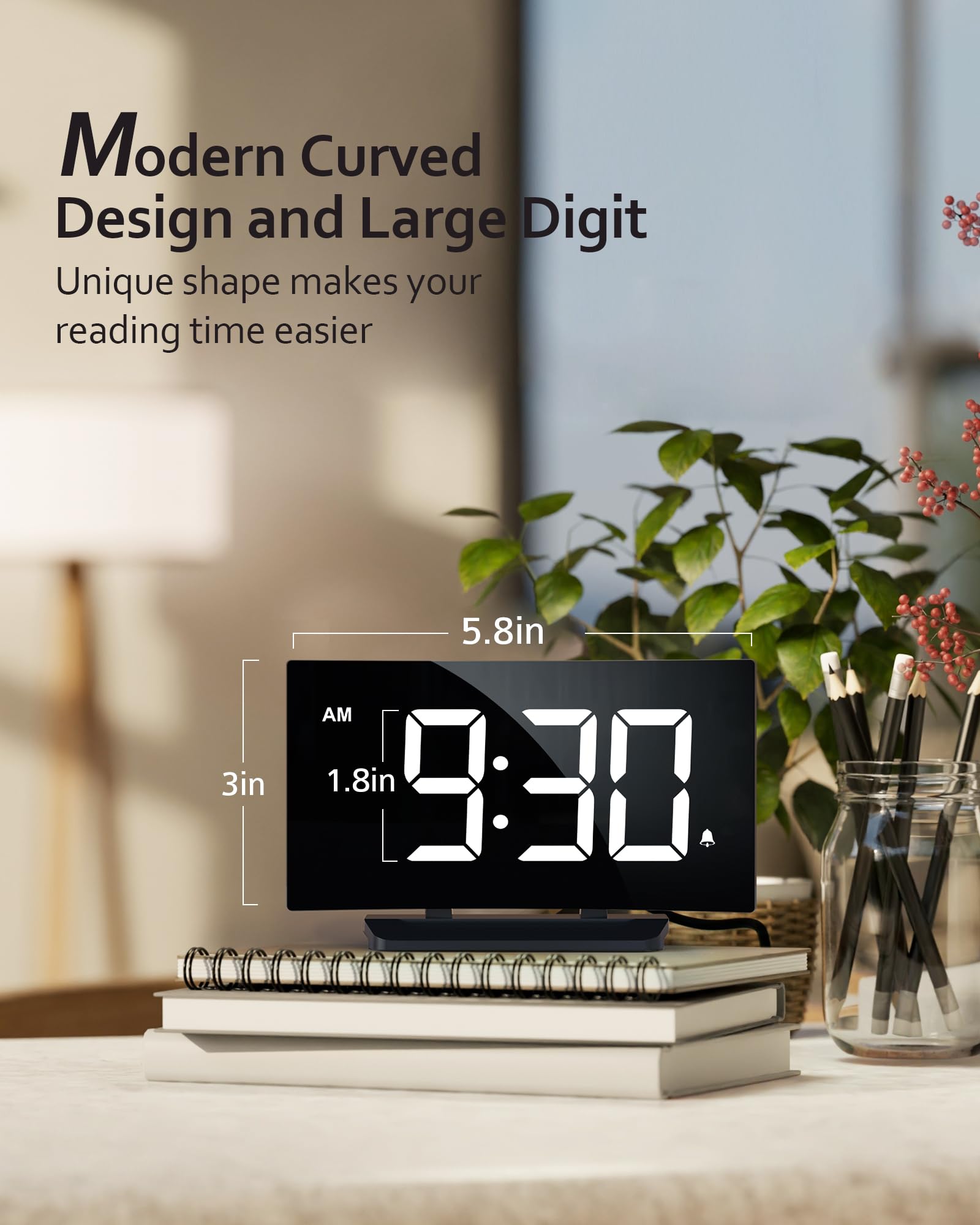 GOLOZA Digital Alarm Clock for Bedroom, Digital Clock with Modern Curved Design, Conspicuous White LED Numbers, 5 Levels Brightness+Off, 2 Volume, 3 Alarm Tones, Snooze,Power-Off Memory,12/24H