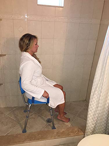 Padded Shower Chair and Bath Chair with Armrests and Back, Comfortable Deluxe Shower Chair for Inside Shower and Bathtub for Elderly and Seniors Safety, Adjustable Height, Institutional Quality, Blue