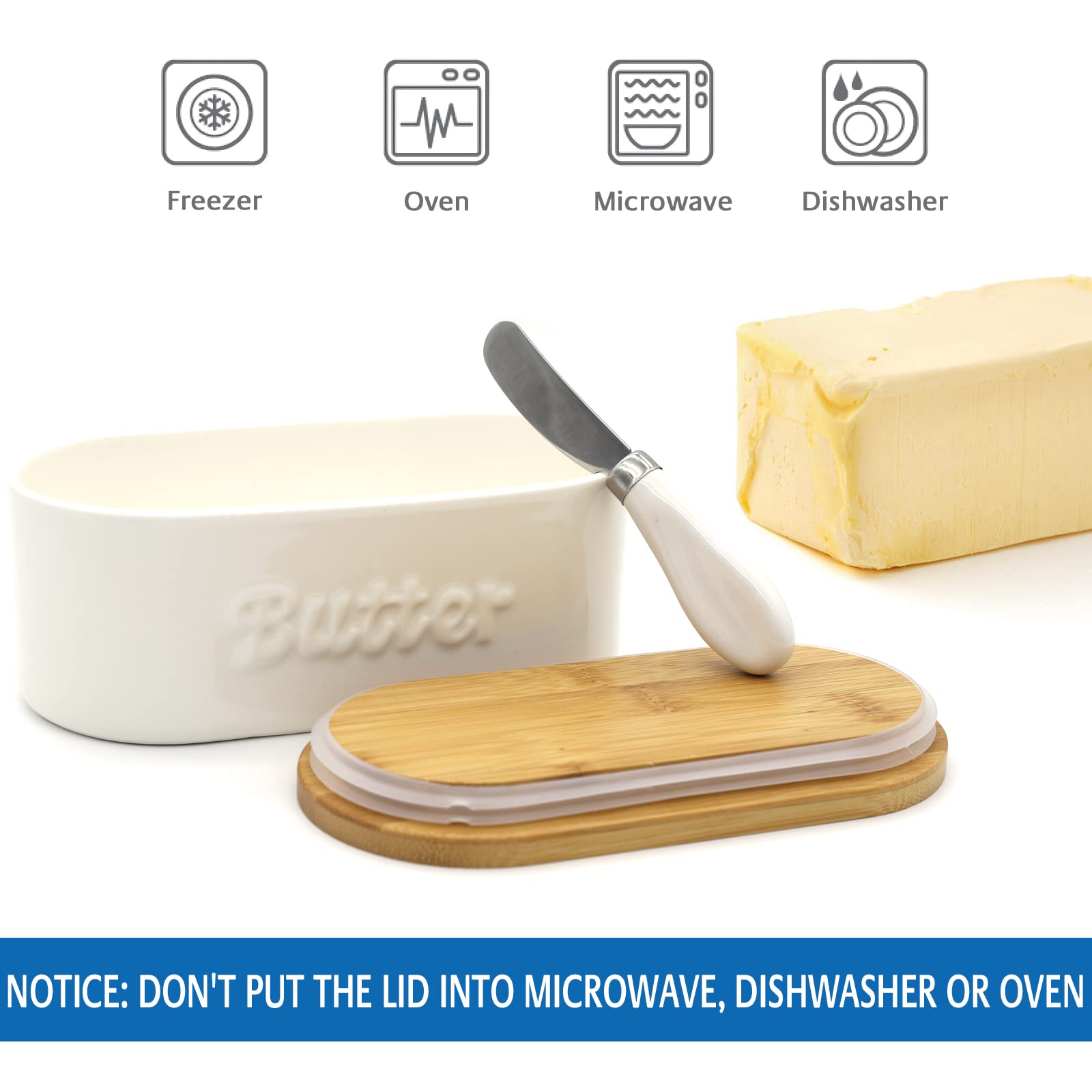 MBR FORCE Ceramic Butter Dish with Lid for Countertop Large White Farmhouse Butter Holder with Knife Butterdish Keeper Container Box