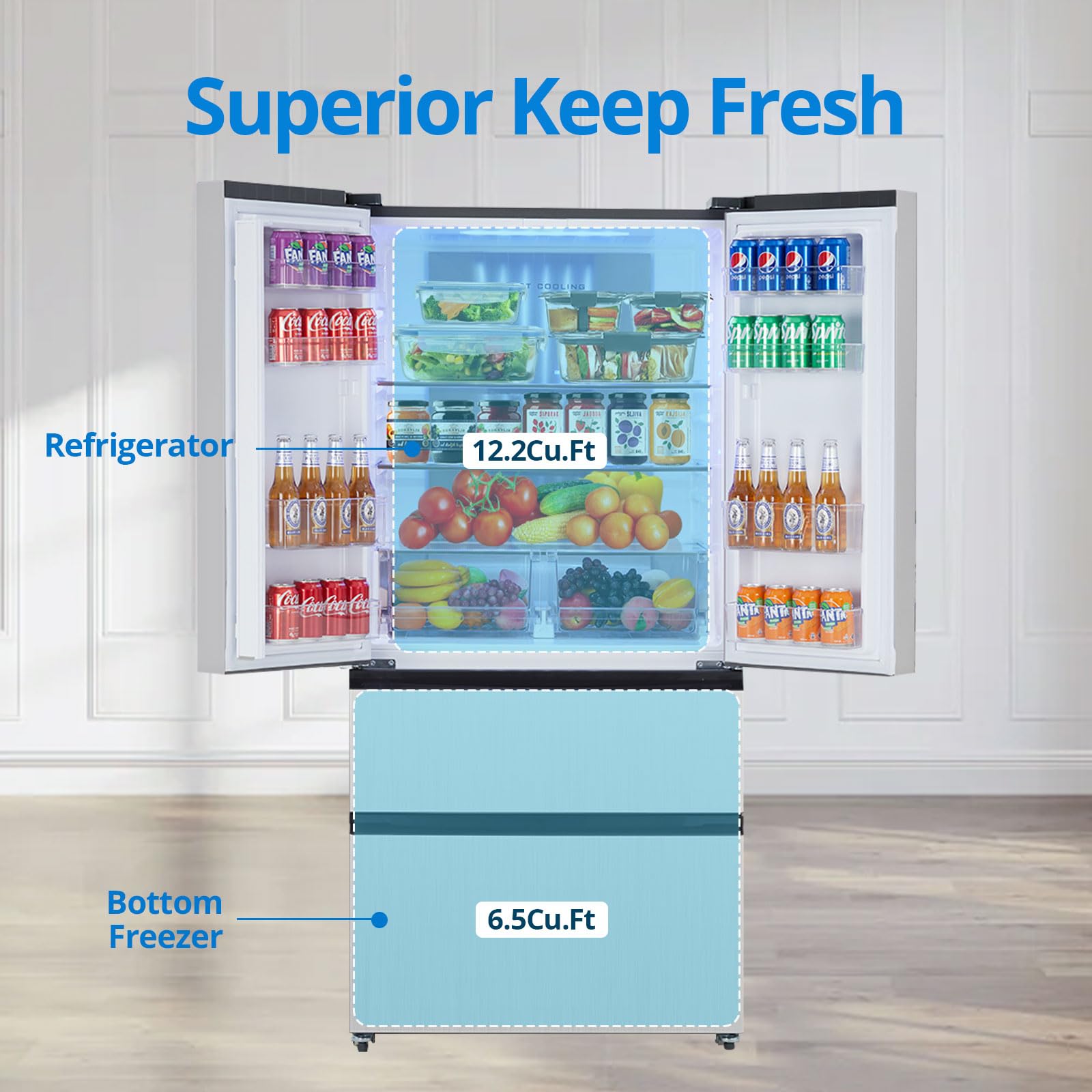 Towallmark French Door Refrigerator, 18.8Cu.Ft Refrigerator, 4 Door Full Size Counter Depth Stainless Steel Refrigerators, Digital Temperature Controls Kitchen Fridge, Auto Defrost