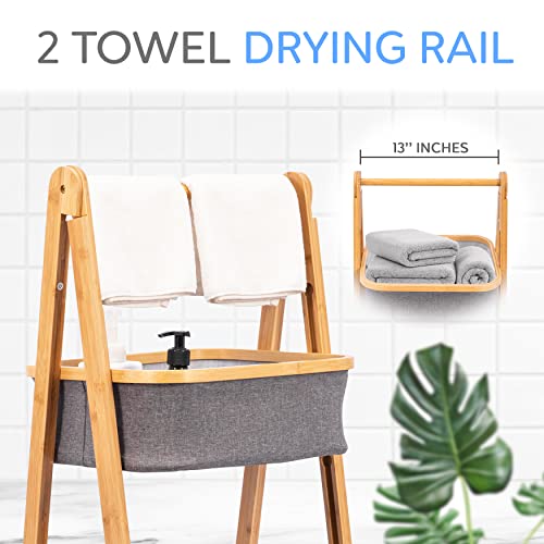 SerenelifeHome 2 Tier Fold Out Floor Standing Bathroom Storage Tower Shelf Collapsible Hamper Shelves Bamboo Wooden Drawers Small Ladder Organizer Shelving Corner Stand Unit for Bedroom Laundry Room