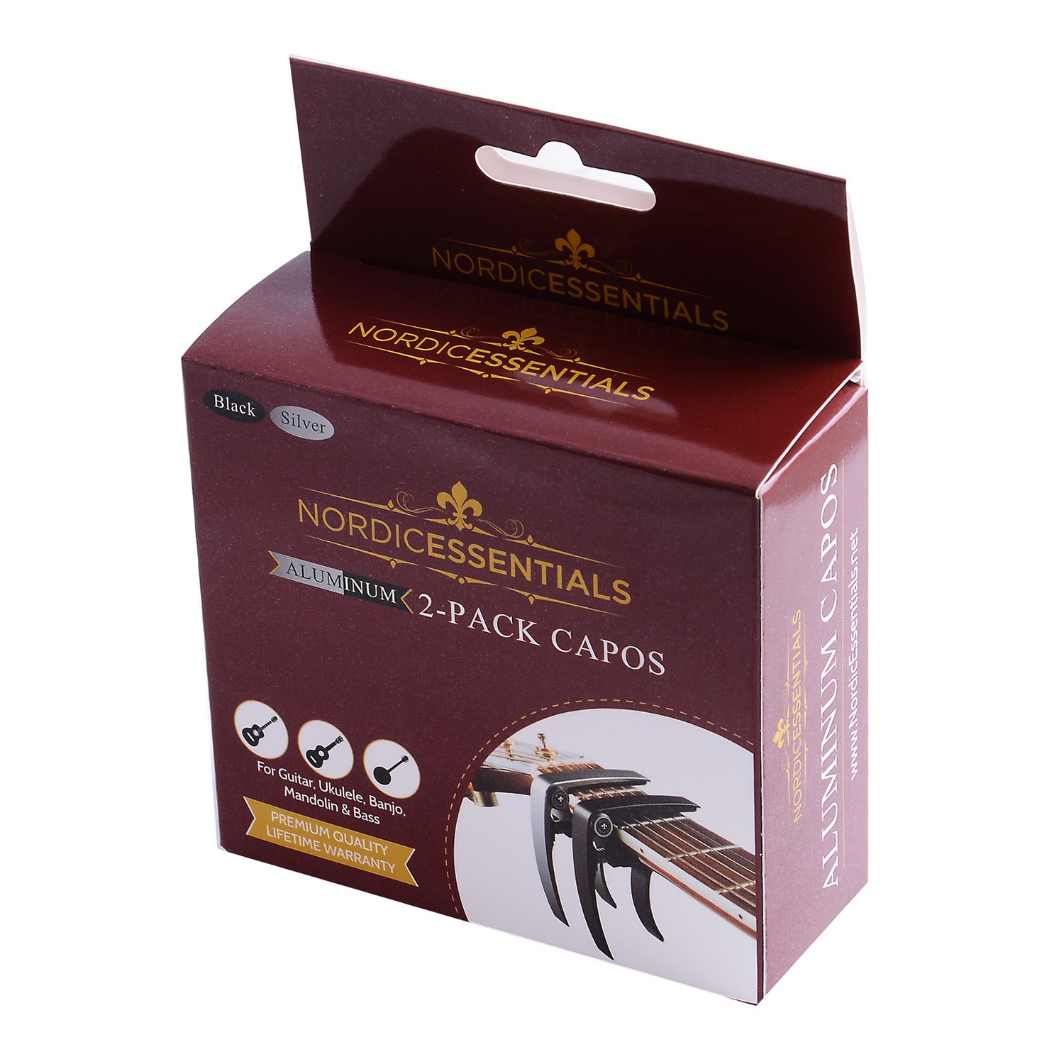 Guitar Capo (2 Pack) for Guitars, Ukulele, Banjo, Mandolin, Bass - Made of Ultra Lightweight Aluminum Metal (1.2 oz!) for 6 & 12 String Instruments - Nordic Essentials, Black+Silver