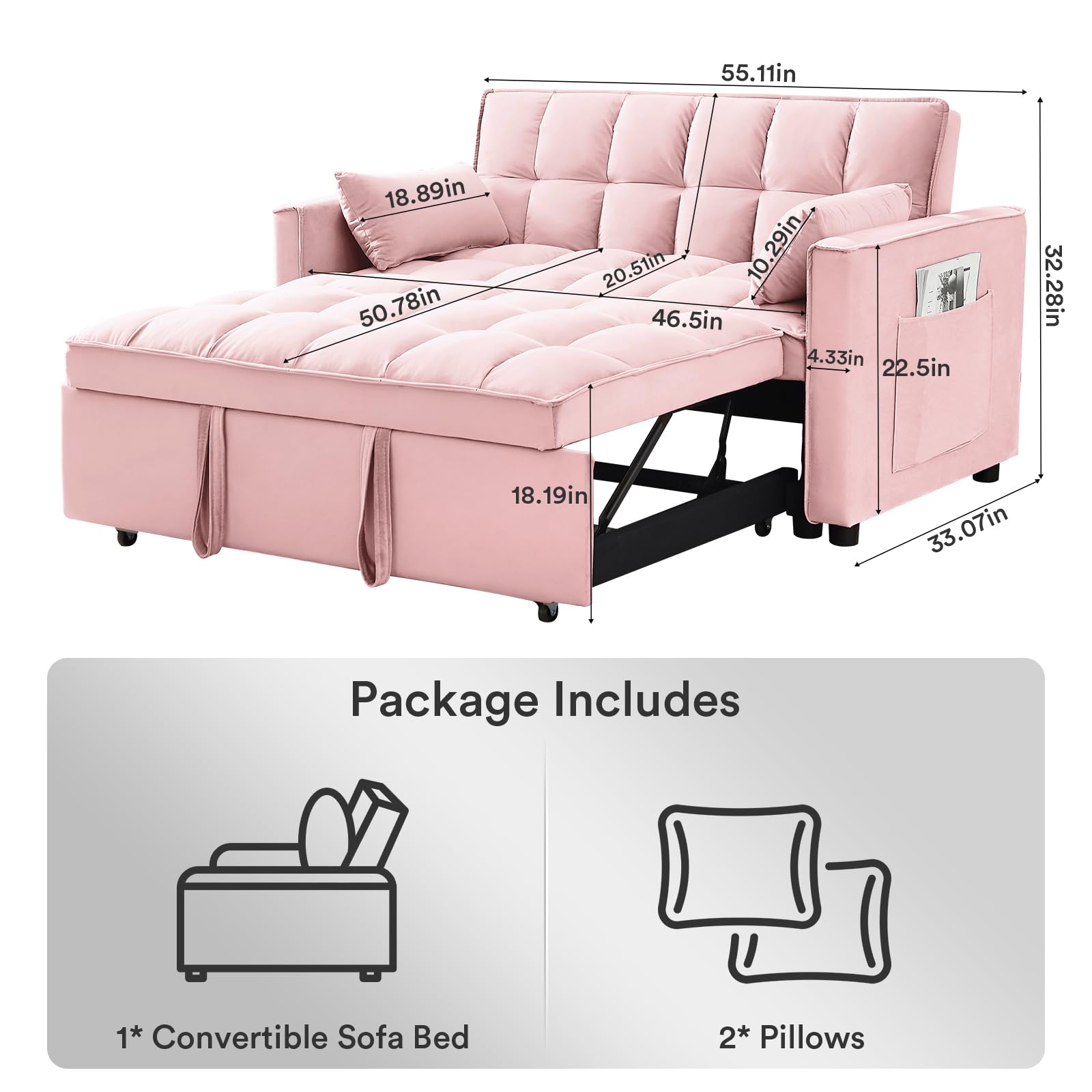 Rovibek 3 in 1 Sleeper Sofa Couch Bed Convertible Sofa Bed Pull Out Futon Loveseat Velvet Chaise Lounge 2 Seat for Living Room Apartment Small Space, Adjustable Backrest, Pillows, White