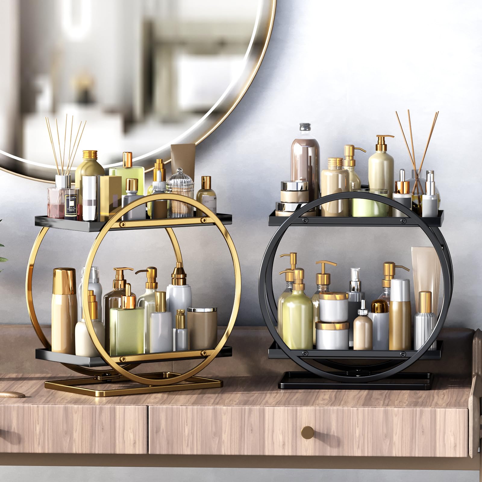 YFUIF 2 Tier Perfume Organizer, Bathroom Organizer Countertop, Dresser Makeup Vanity Skincare Storage Tray Shelf Rack Senior Room Decor Aesthetic Display Accessories (Black Gold)
