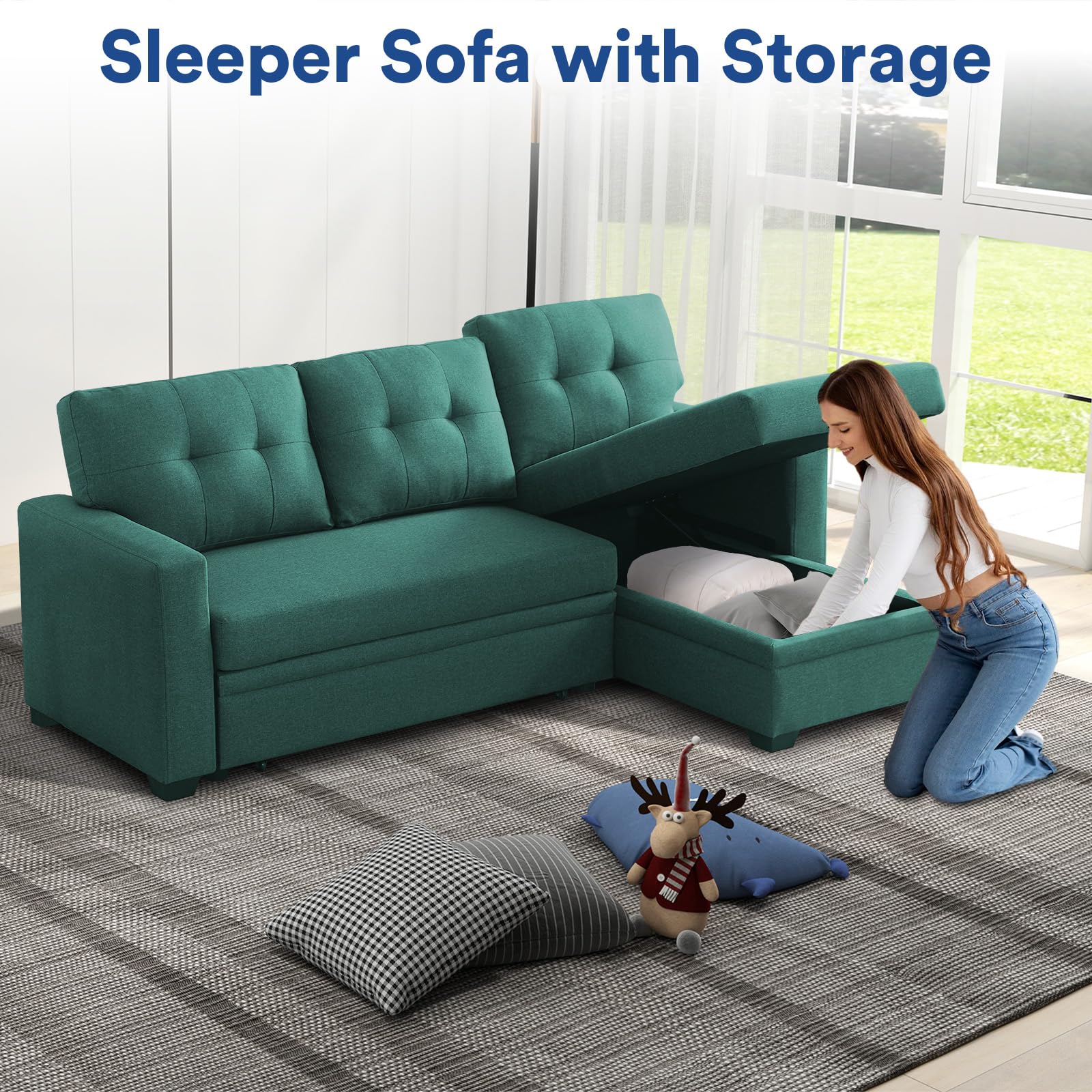 Rovibek 4-in-1 Convertible L Shaped Couch with Pull Out Bed and Storage, Sectional Sleeper Sofa with Reversible Chaise for Living Room, Apartment, Bedroom, Office