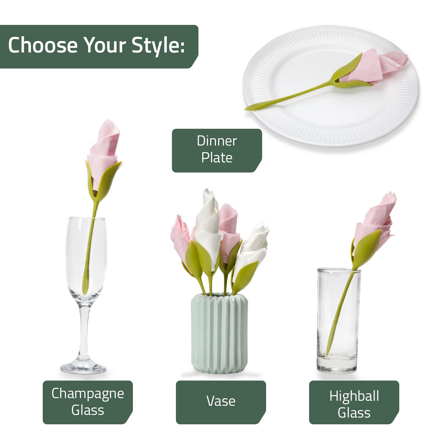 Peleg Design Bloom Napkin Holders for Tables, Set of 4 Green Stemmed Plastic Twist Flower Buds Serviette Holders Plus White Napkins for Making Original Table Arrangements