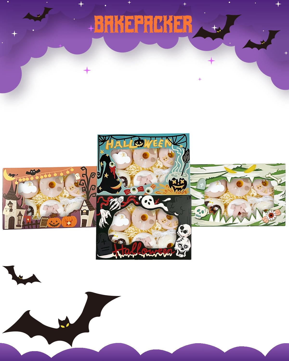 Halloween Bakery Boxes with Window 9x6x2.5 inches Pastry Boxes Mini Cookie Boxes for Festival Bakerys Thick & Sturdy (24 Packs)