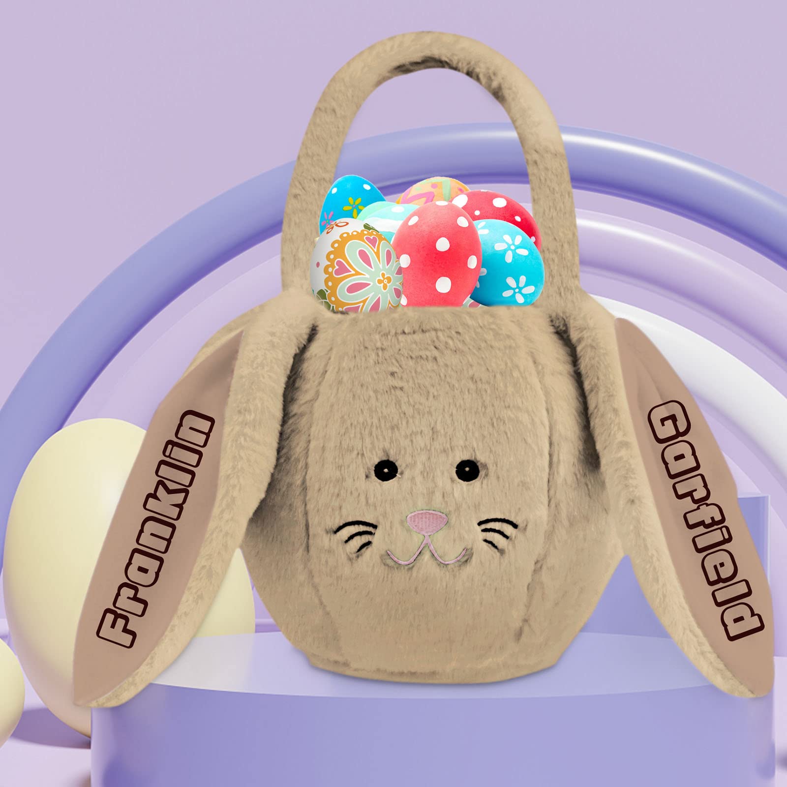 Personalized Easter Basket with Name Custom Plush Easter Buny Baskets Long Ear Bags for Boys Girls Kids Eggs Candy Gifts
