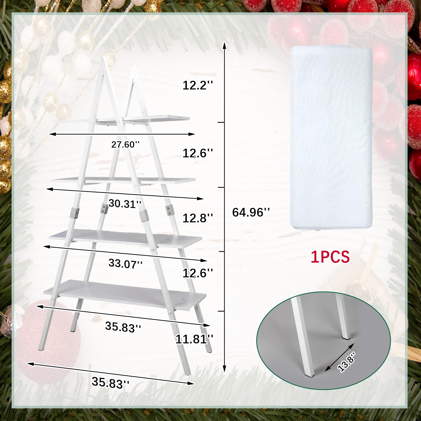 Quzzil Christmas Village Display Shelves 4 Tier Ladder Bookshelf A Shaped Bookcase with Artificial Snow Blanket Tall Wooden Ladder Shelf Storage Organizer for Living Room Home Office (White)