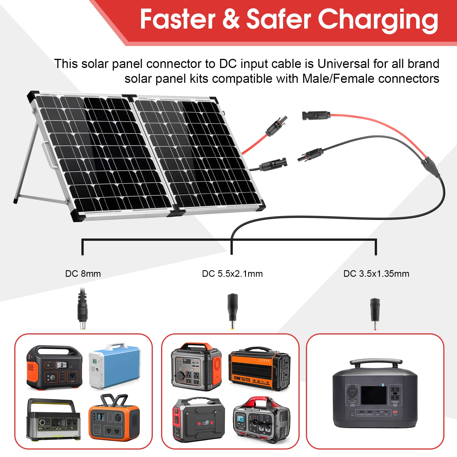 PAEKQ Solar Panel to 5.5x2.1mm Adapter Cable, DC 5.5x2.1mm Connector with DC 8mm, DC 5.5x2.5mm and DC 3.5x1.35mm Converter for Portable Power Station GZ Yeti Jackery Solar Generator- 14AWG 6Ft