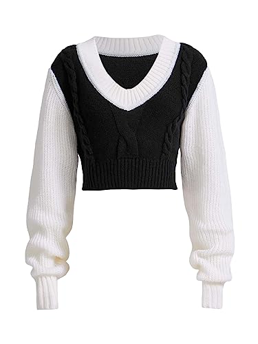 Verdusa Women's Colorblock Crop Sweater Long Sleeve V Neck Knit Pullover Tops Black and White Small