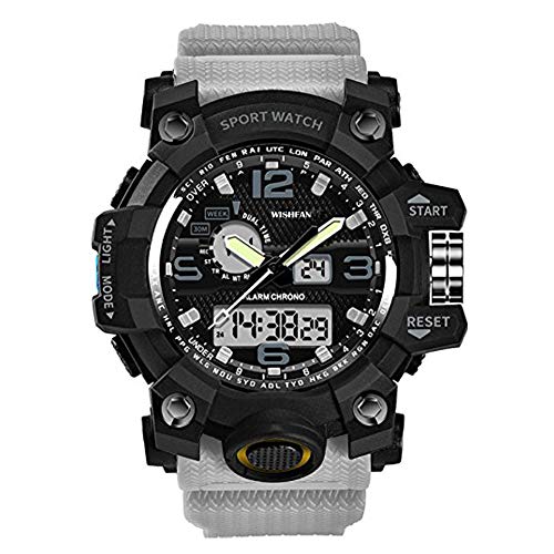 WISHFAN Men’s Military Watch, Dual-Display Waterproof Sports Digital Watch Big Wrist for Men with Alarm (Grey)