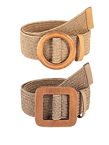 Verdusa Women's 2 Pack Buckle Elastic Straw Belts Boho Waist Belt Brown 100