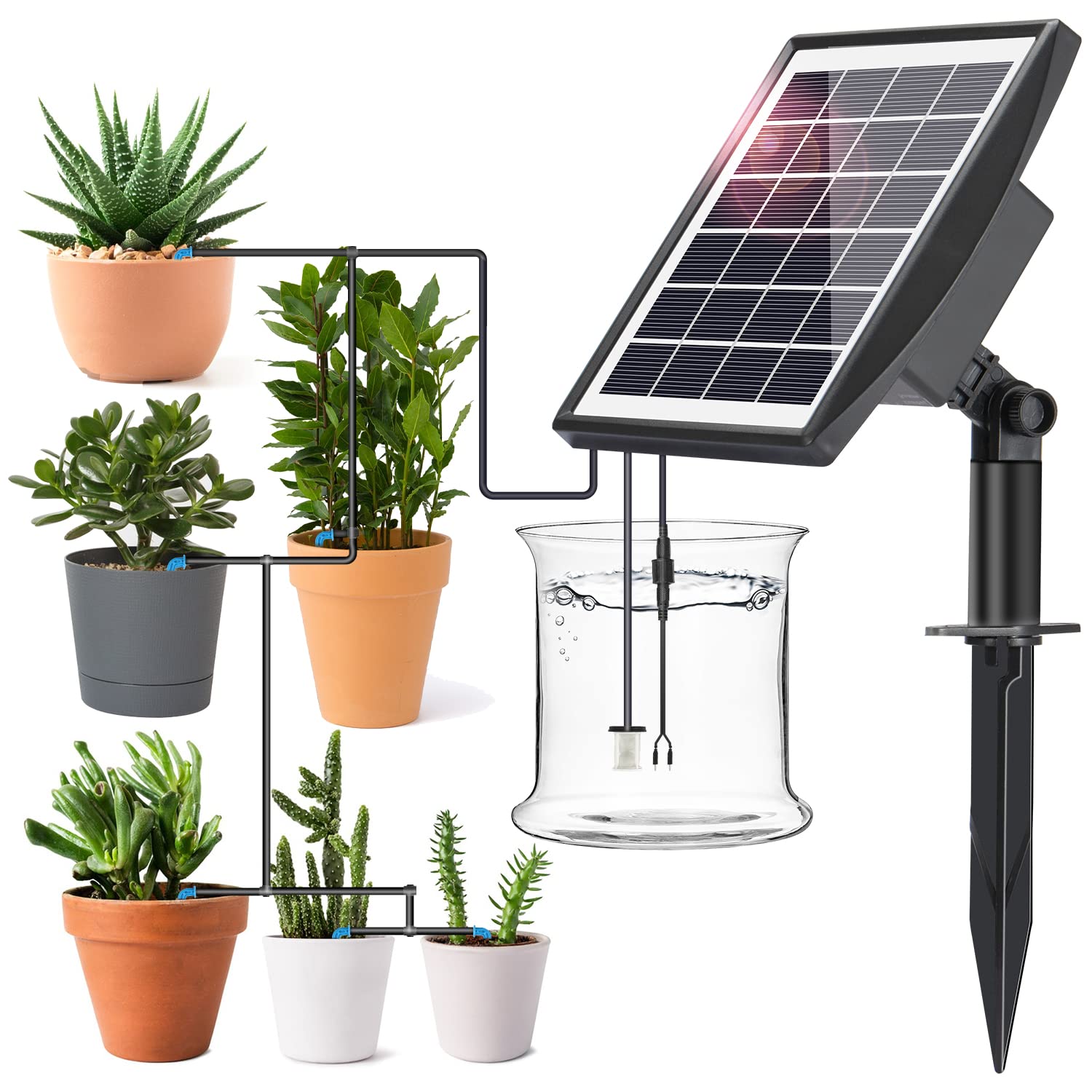 Solar Powered Automatic Watering Irrigation System for Potted Plants, Viajero Solar Auto Drip Irrigation Kit Built-in 2200mAh Battery with 6 Timers Self Watering System for Vacation Outdoor Indoor